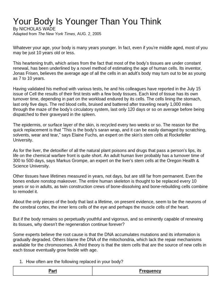 Your Body Is Younger Than You Think Article | PDF | Tissue (Biology ...