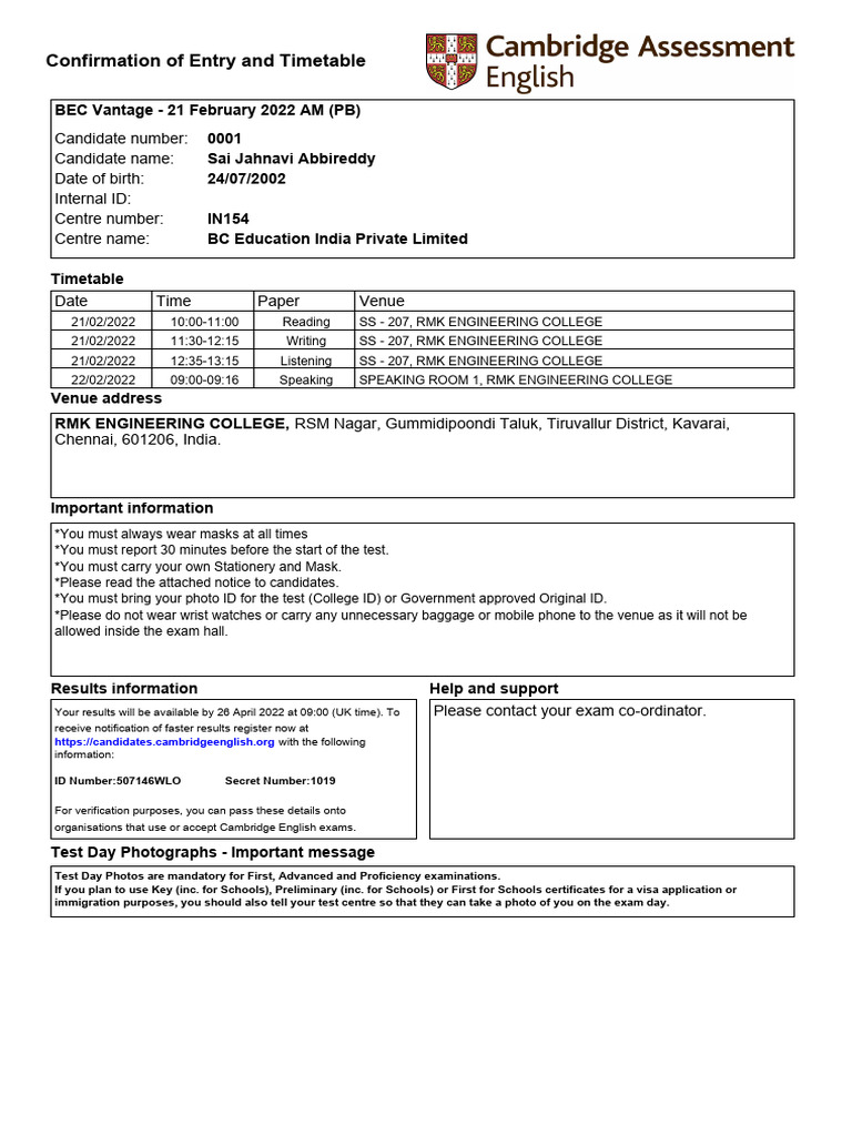 BEC Vantage Timetable - Feb 2022 | PDF | Standardized Tests | Data ...