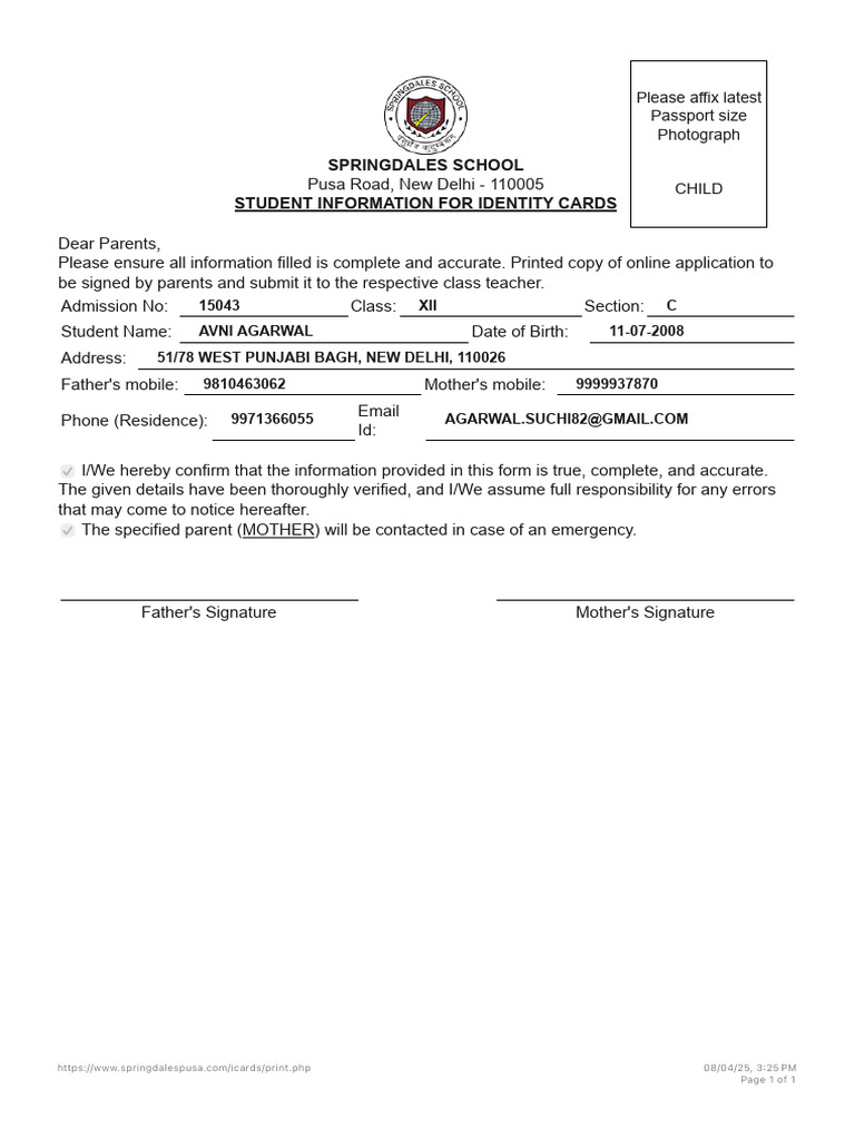 Springdales School Student ID Form | PDF