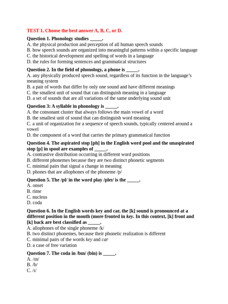 MID-TERM TEST (1) | PDF | Syllable | Phoneme