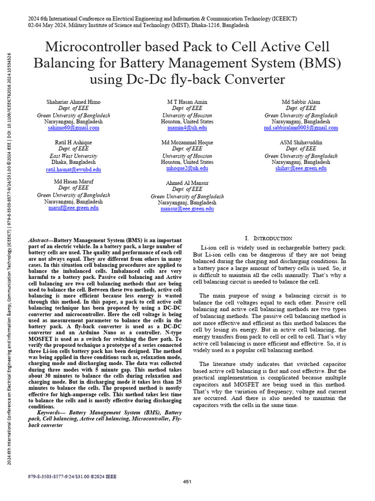Microcontroller Based Pack to Cell Active Cell Balancing for Battery ...