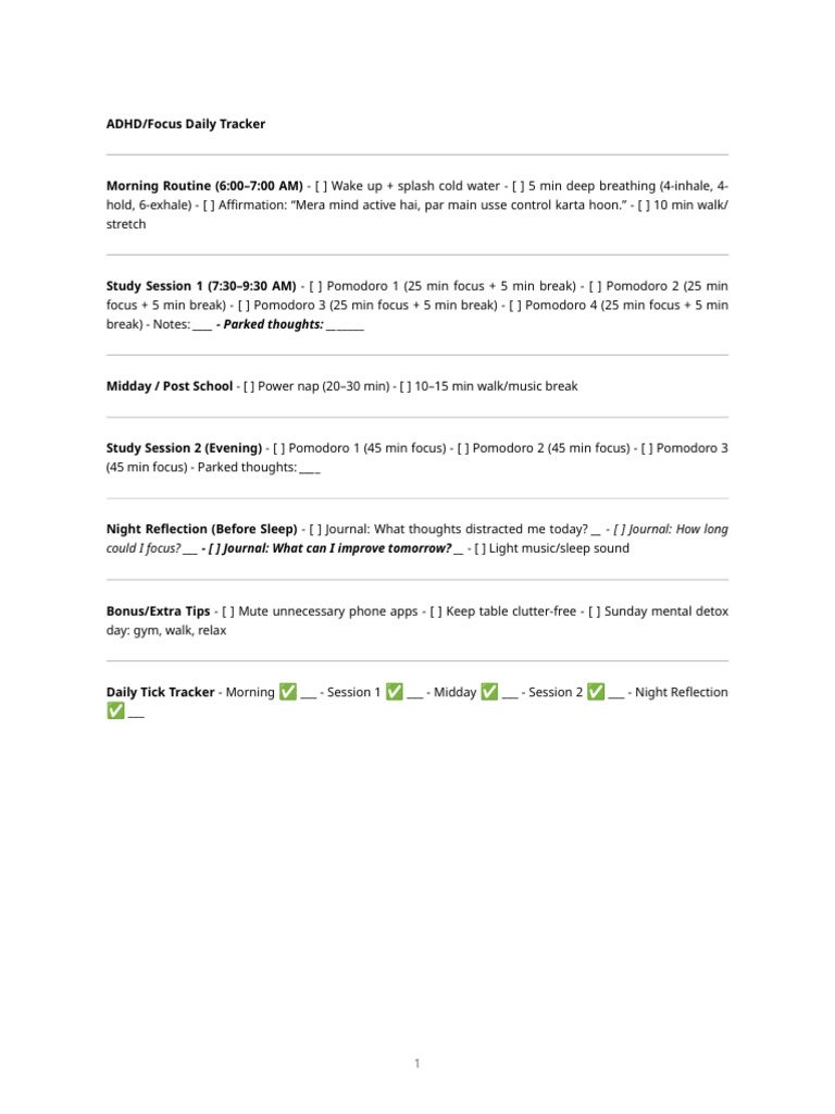 ADHD Focus Daily Tracker Template | PDF