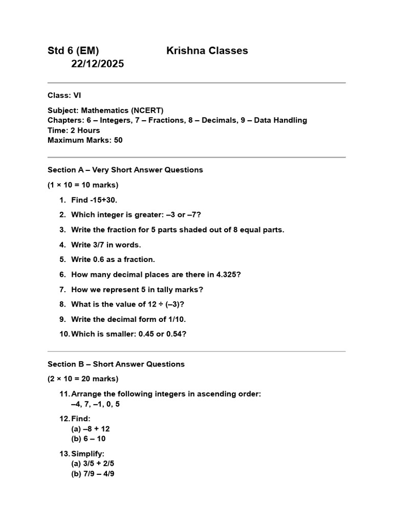 Std 6 Em Maths 22-12 | PDF