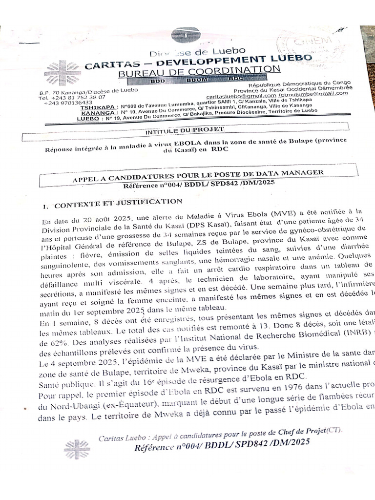 Offre Data Manager Caritas Tshikapa | PDF