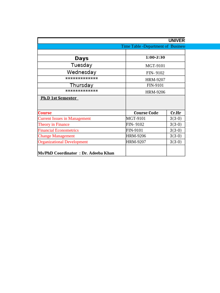 PhD 2024 Fall Time Table 1st Updated | PDF