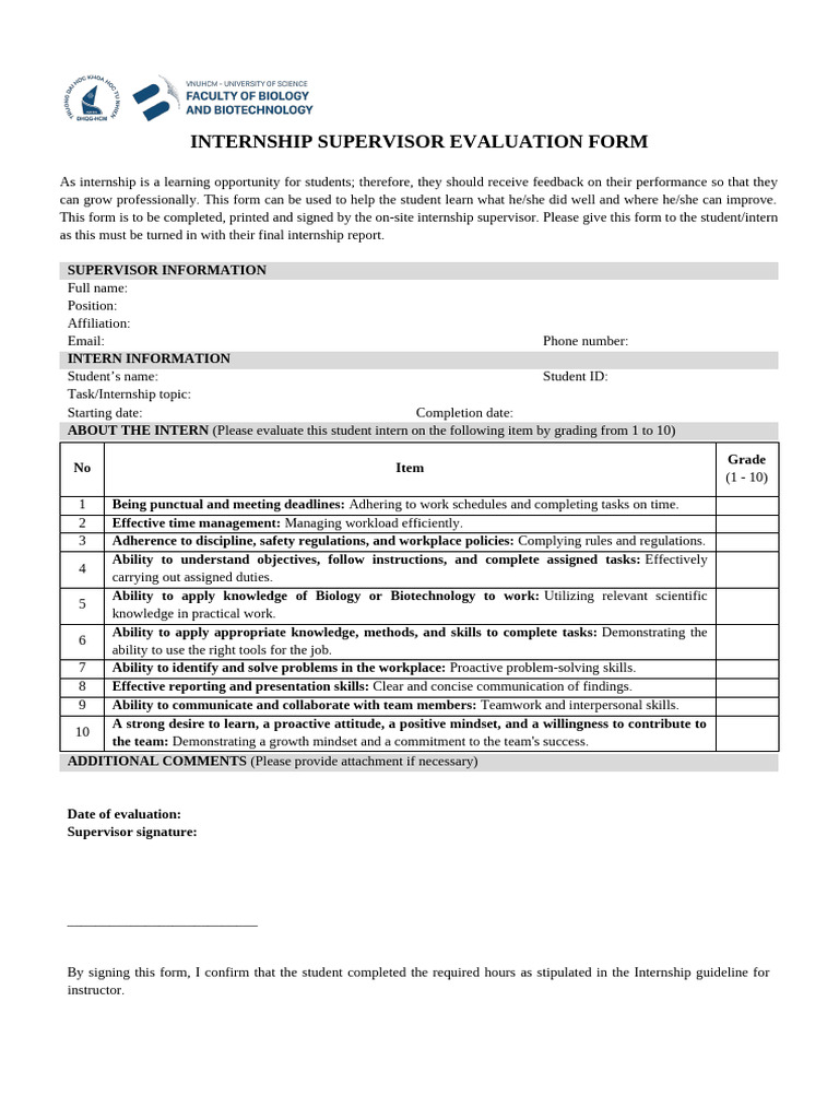 Internship Supervisor Evaluation Form | PDF | Skill | Social Psychology