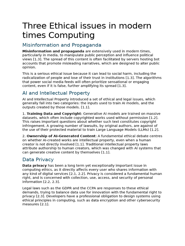 Three Ethical Issues in Modern Times Computing | PDF | Artificial ...