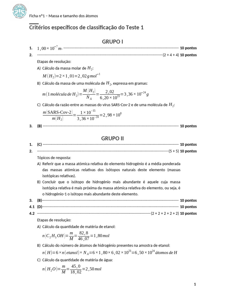 Ficha Nº1 - Massa e Tamanho Dos Átomos CC | PDF | Átomos | Mol (unidade)