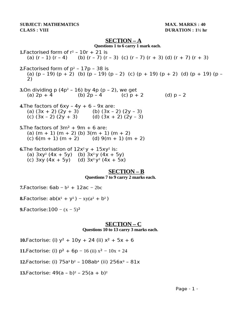 Maths Class Viii Practice Test 18 Chapter 12 Factorisation Qp | PDF ...