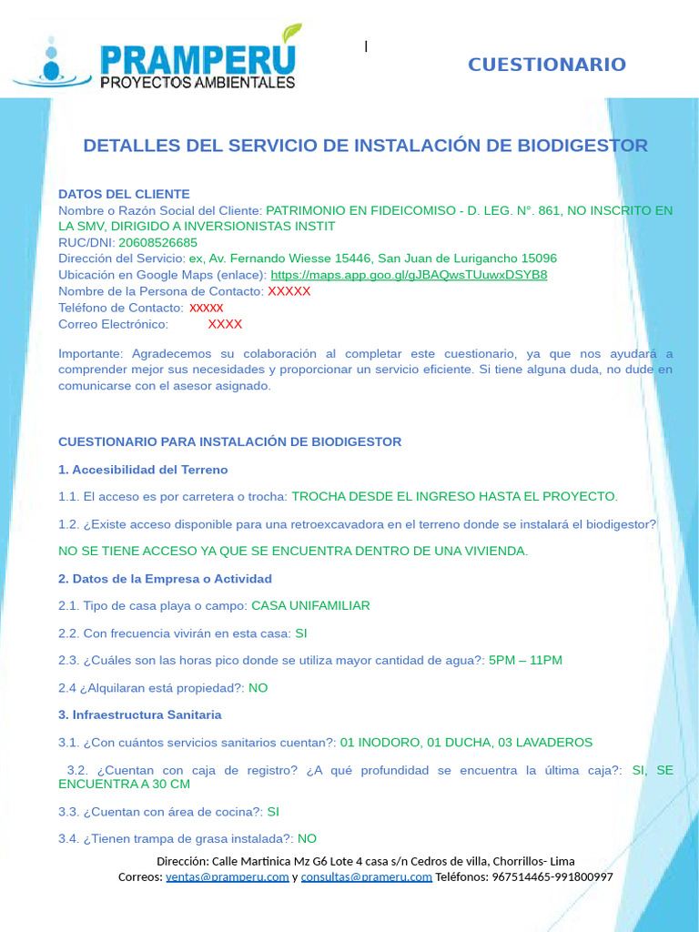 1. Cuestionario Instalación de Biodigestor Casa | PDF | Agua ...