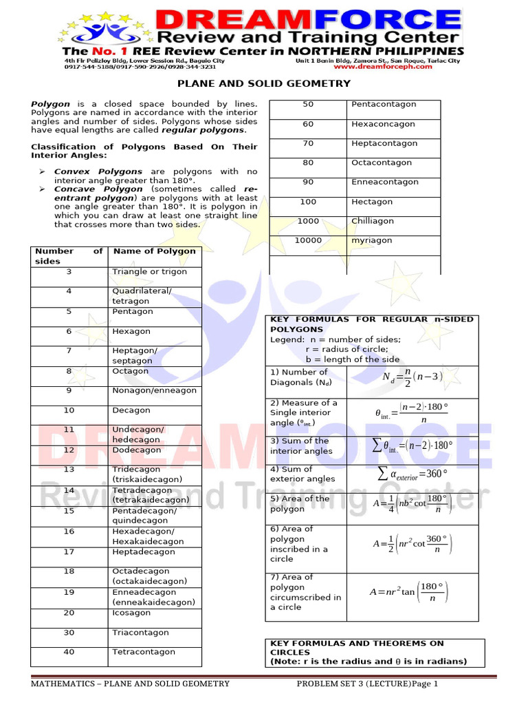 3 Plane and Solid Geometry Formula and Problem Set | PDF | Area | Polygon