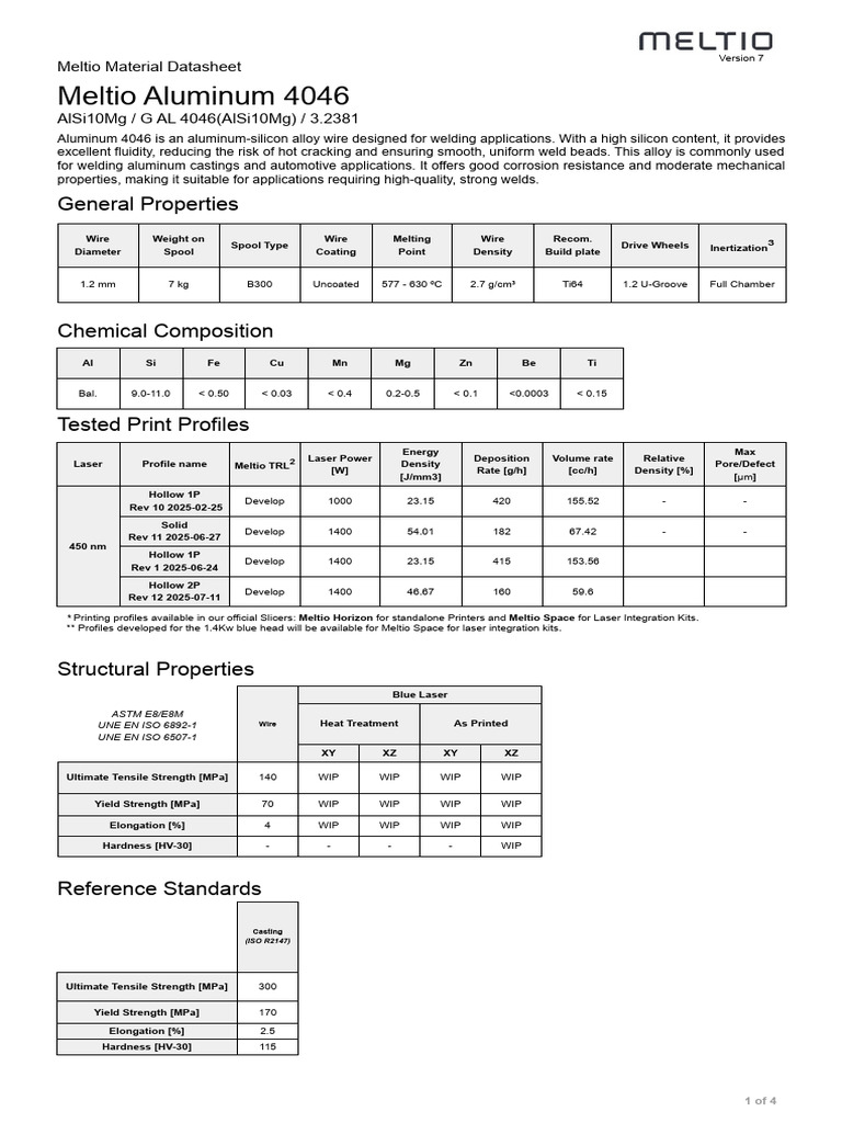 Meltio Aluminum 4046 Material Datasheet | PDF | Materials | Chemical ...