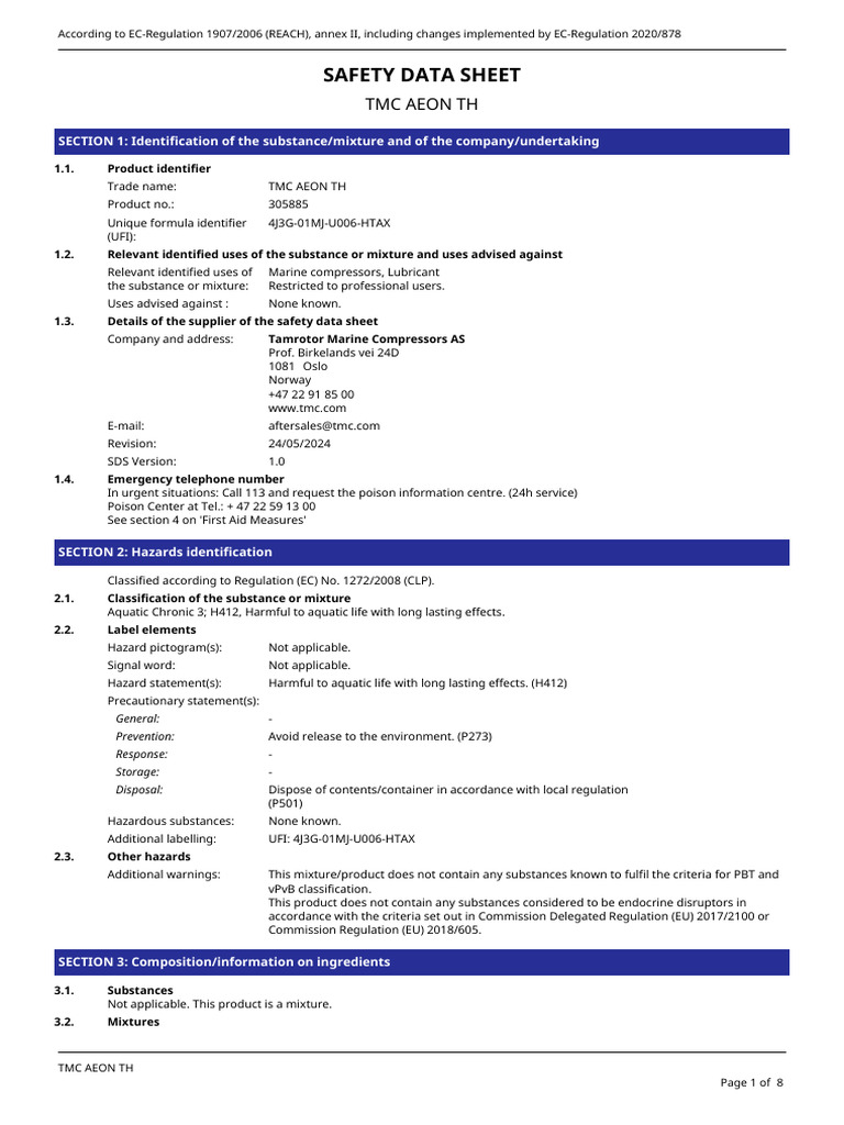 Tmc Safety Data Sheet Aeon Th | PDF | Dangerous Goods | Personal Protective Equipment