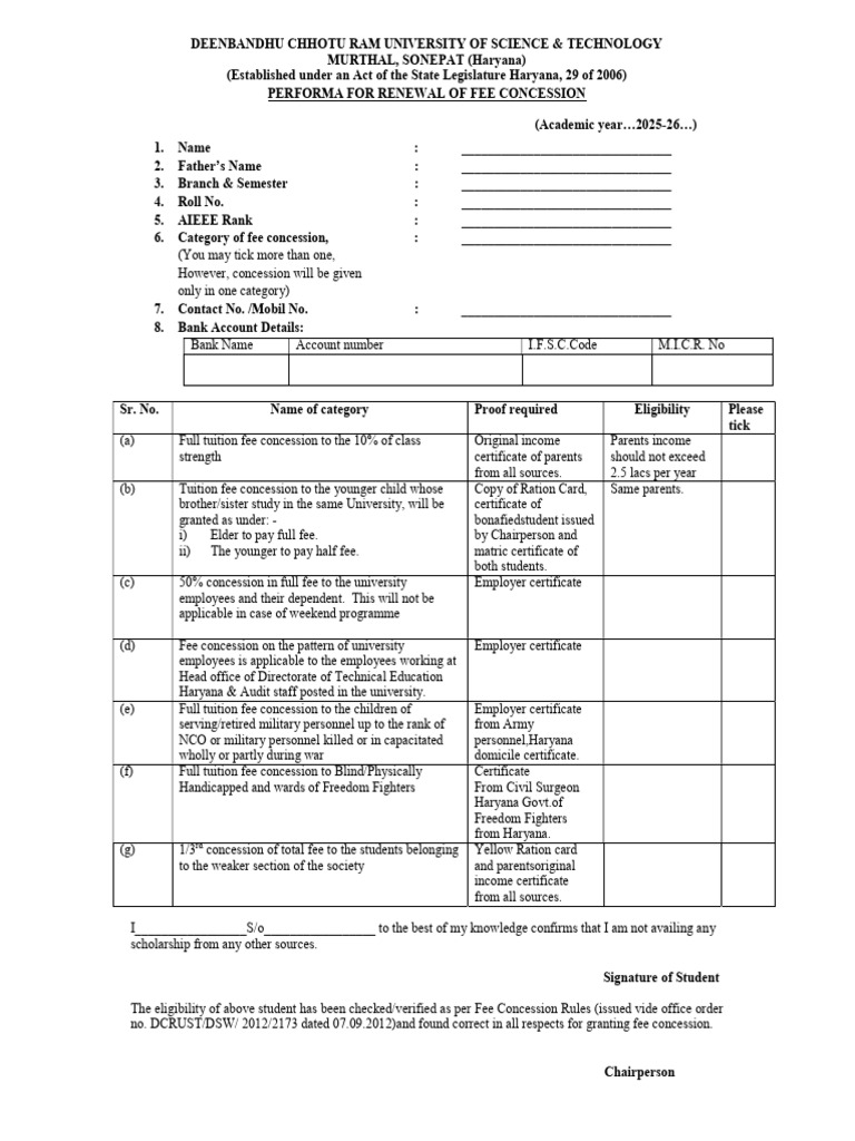 Fee Concession Renewal Form 2025-26 | PDF