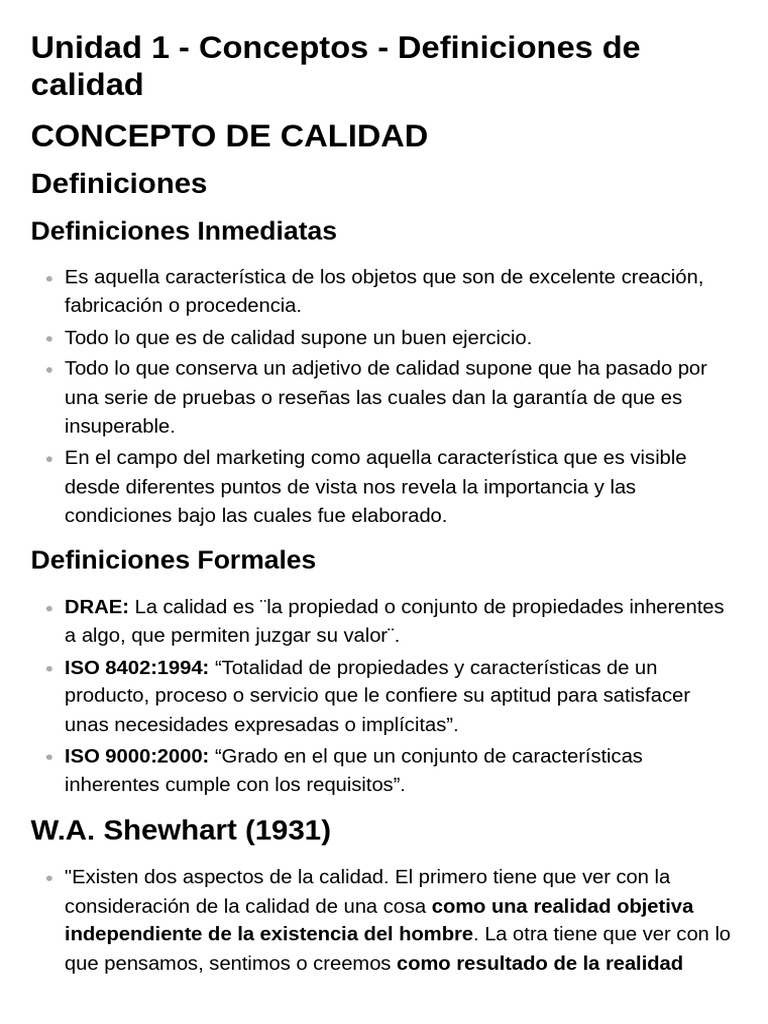 Unidad 1 - Conceptos - Definiciones de calidad | PDF | Calidad ...