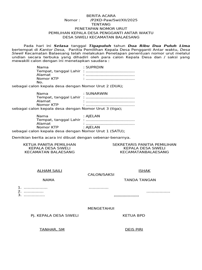 Penetapan Nomor Urut Calon Kades Siweli | PDF
