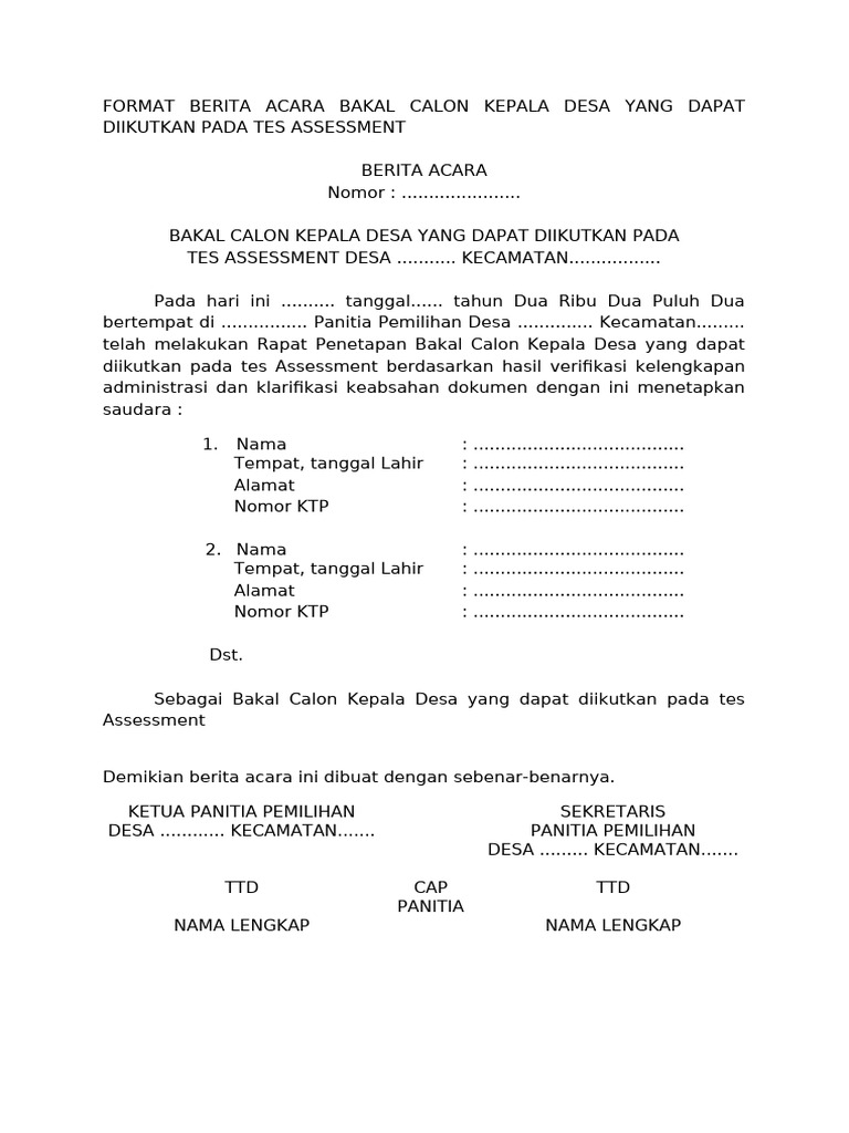 Lampiran - Berita Acara Bakal Calon Kepala Desa Test Assessment | PDF