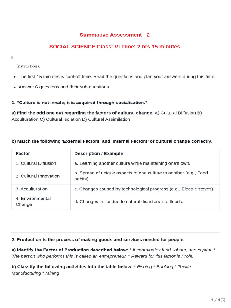 Social Science Assessment for Class VI | PDF