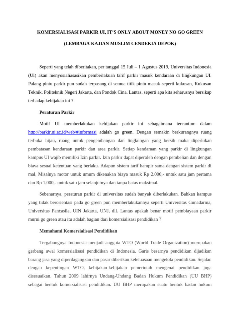 Komersialisasi Parkir di UI: Uang vs Lingkungan | PDF