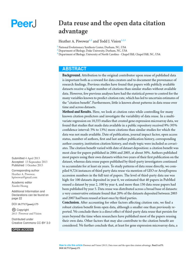 Data Reuse and the Open Data Citation Advantage | PDF | Pub Med | Data