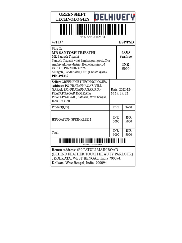 Irrigation Sprinkler Invoice - Greenshift | PDF