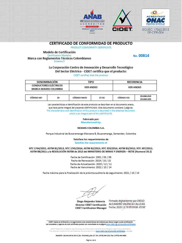 Certificado N 00814 CABLE CONCENTRICO TIPO AA NEXANS | PDF | Cobre ...