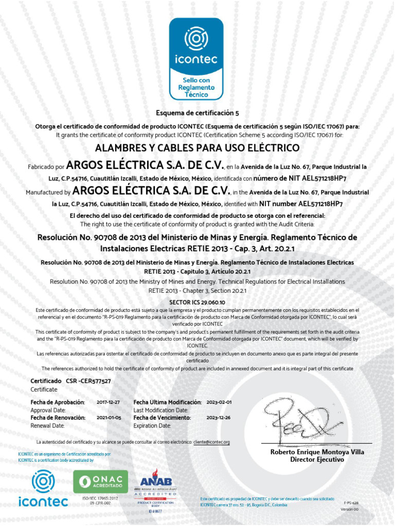 Certificado cable Argos | PDF | Bienes manufacturados | Cable