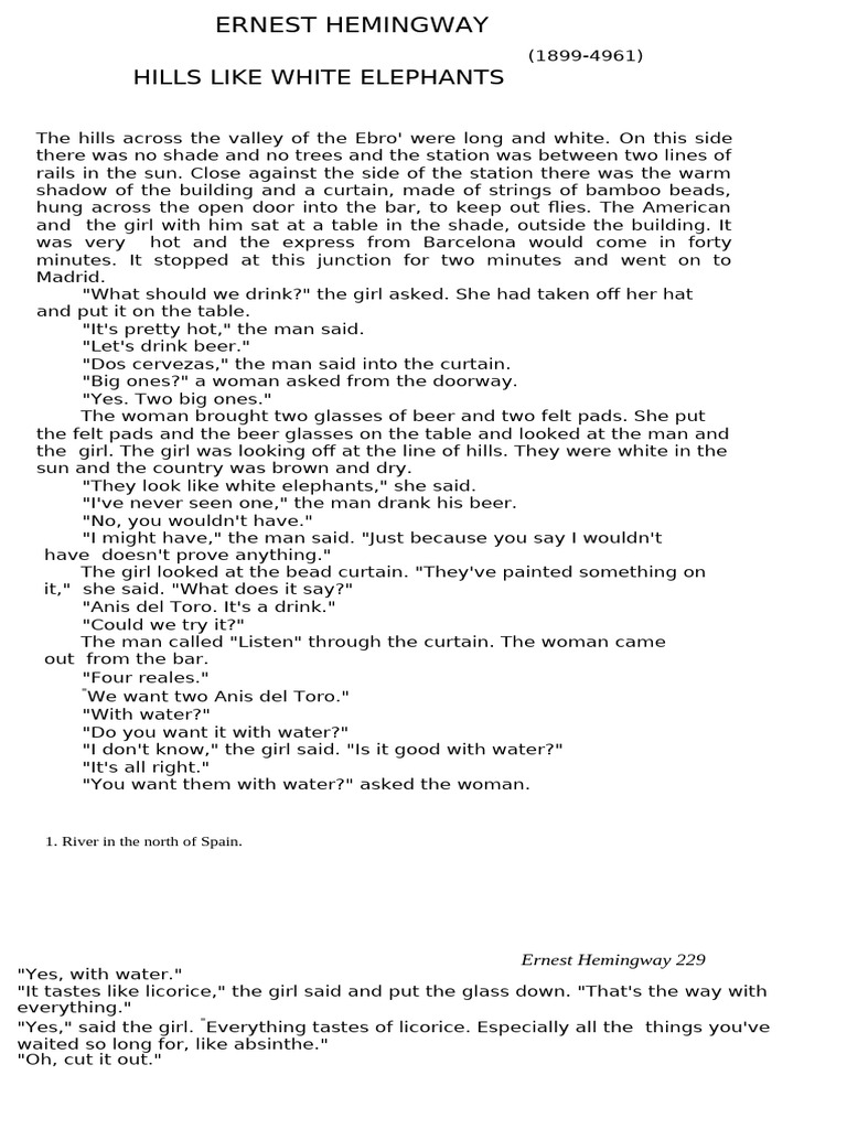 Hemingway's "Hills Like White Elephants" | PDF