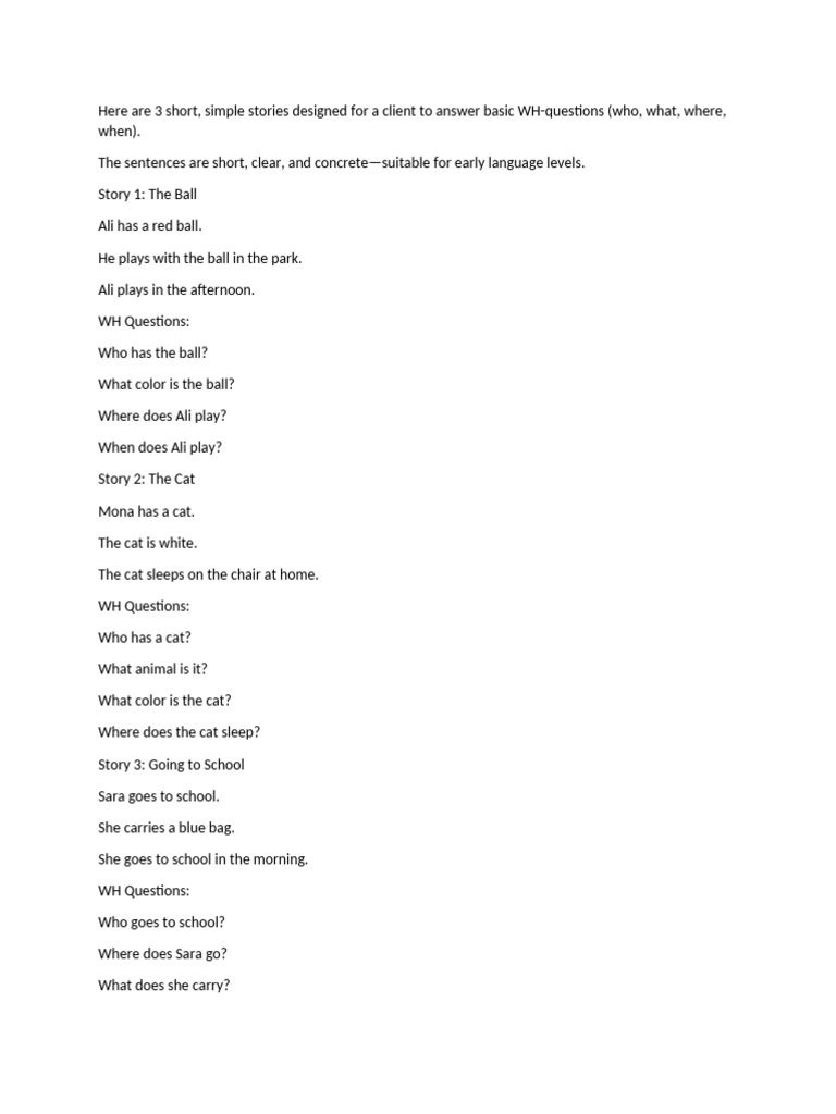 Simple Stories for WH-Questions | PDF