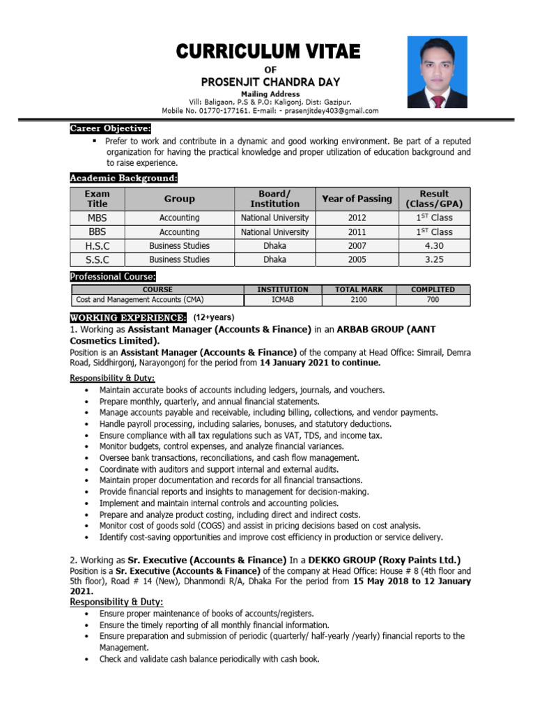 Prosenjit Chandra Day - Finance Resume | PDF | Audit | Internal Control