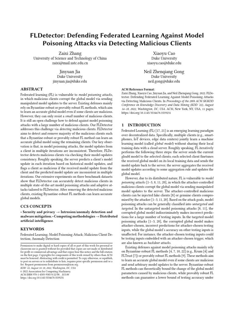 FLDetector: Malicious Client Detection in FL | PDF | Median | Cluster ...