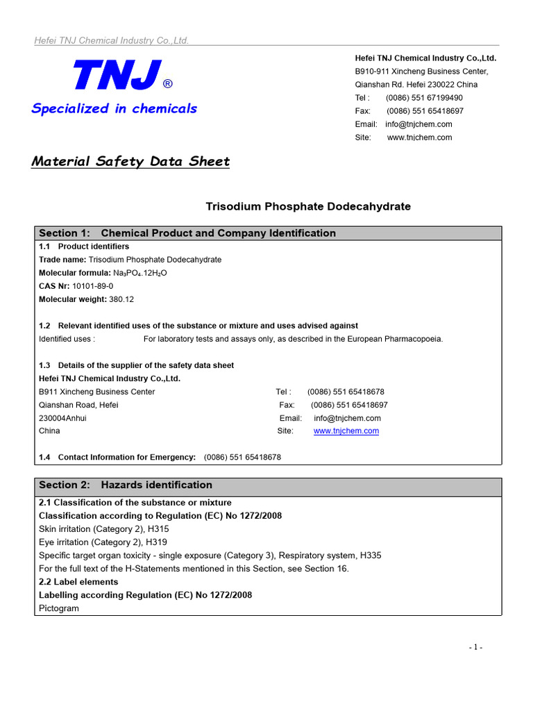 Trisodium Phosphate Dodecahydrate MSDS | PDF | Dangerous Goods | Toxicity