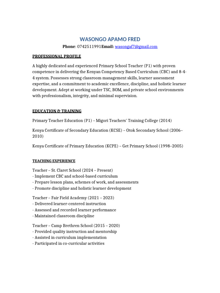 Wasongo Apamo Fred CV | PDF