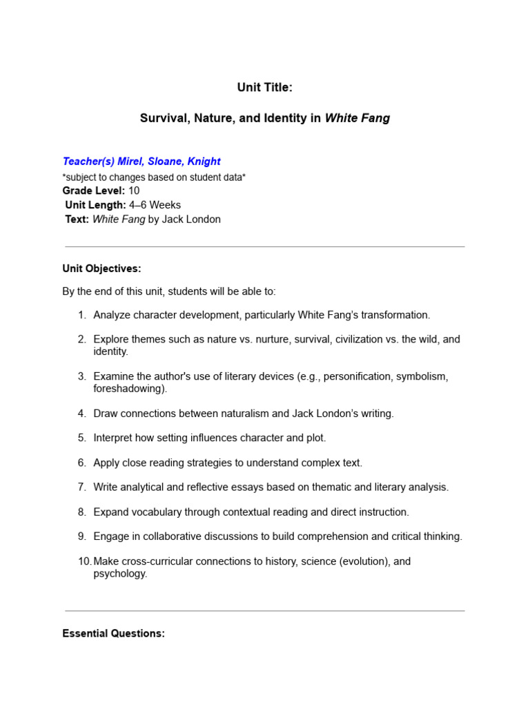 White Fang Syllabus | PDF | Reading Comprehension | Semantics
