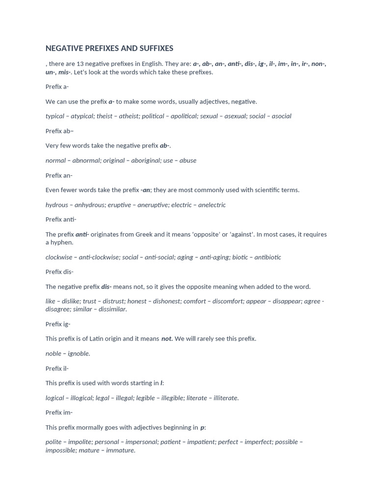 Negative Prefixes and Suffixes Explained | PDF | Syntax | Linguistics