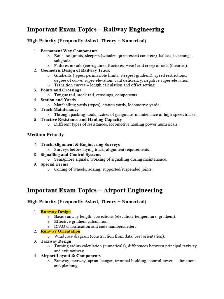 Key Exam Topics in Railway & Airport Engineering | PDF | Runway | Rail ...