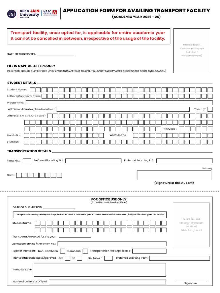 Transportation Application Form 2025-26 | PDF | Fee | Transport