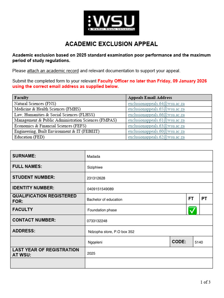 Academic Exclusion Appeal Form | PDF