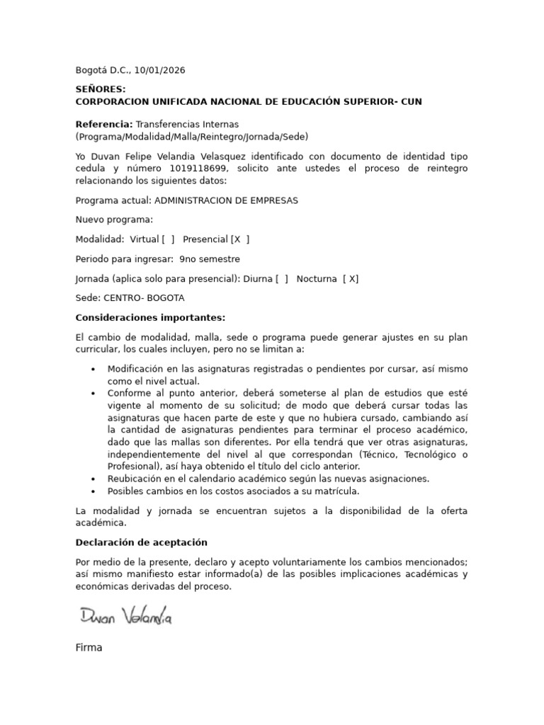 Cambio de Programa Modalidad Malla Reintegro | PDF