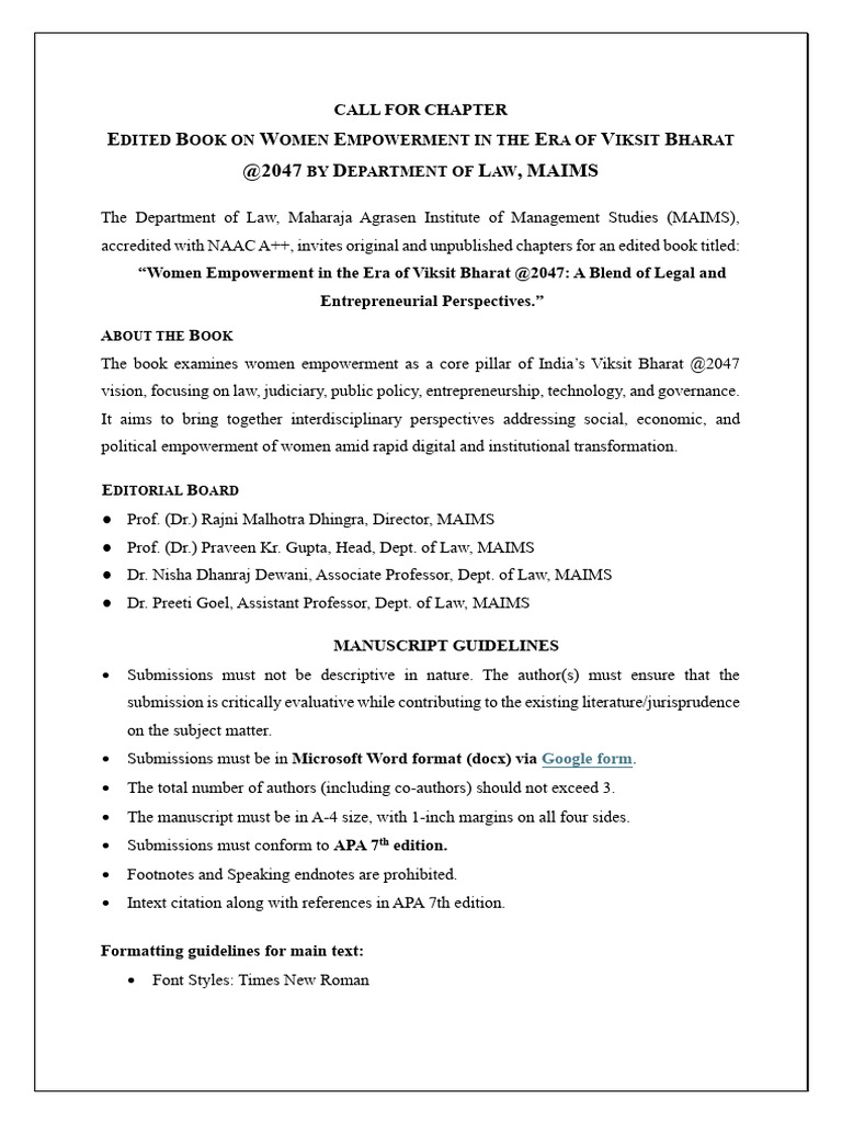 Women Empowerment @2047 Book Chapter Call | PDF | Written Communication ...