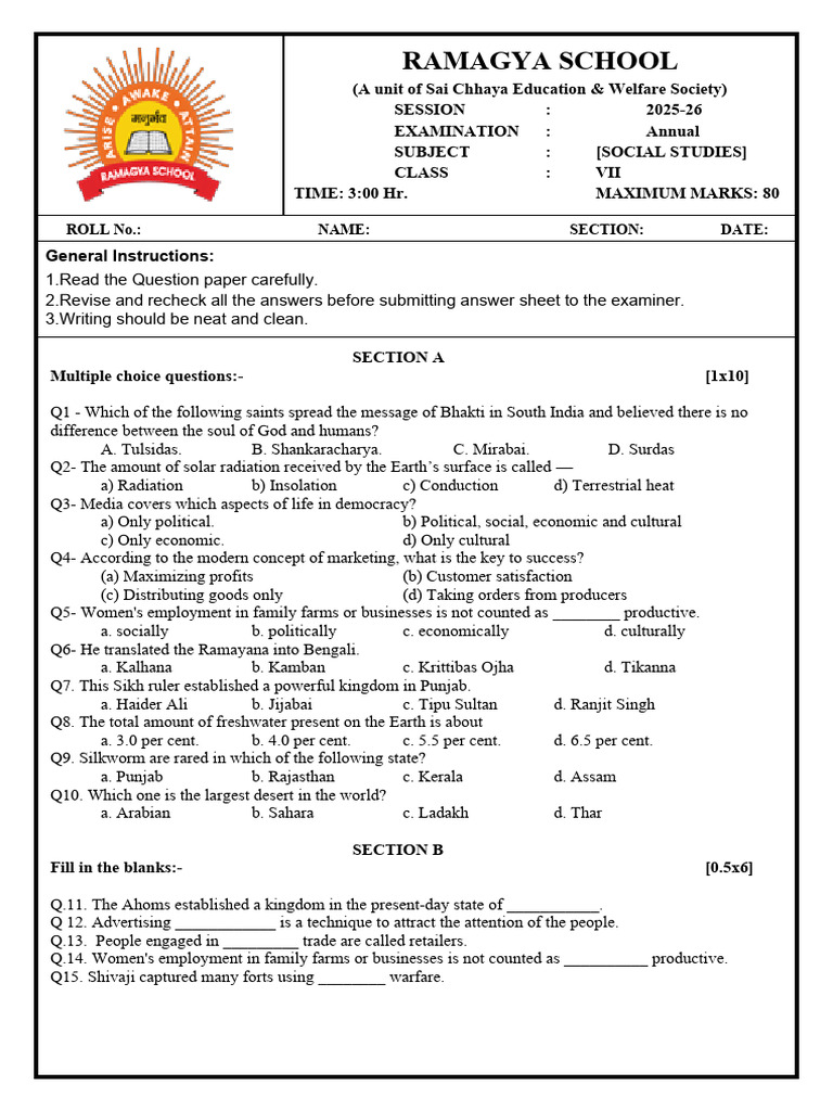 Social Studies Exam Questions for Class VII | PDF | Democracy ...