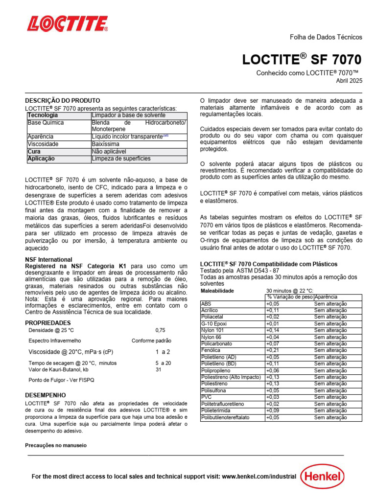 Ficha Técnica Limpador Solvente Loctite Sf 7070 Henkel | PDF | Dados ...