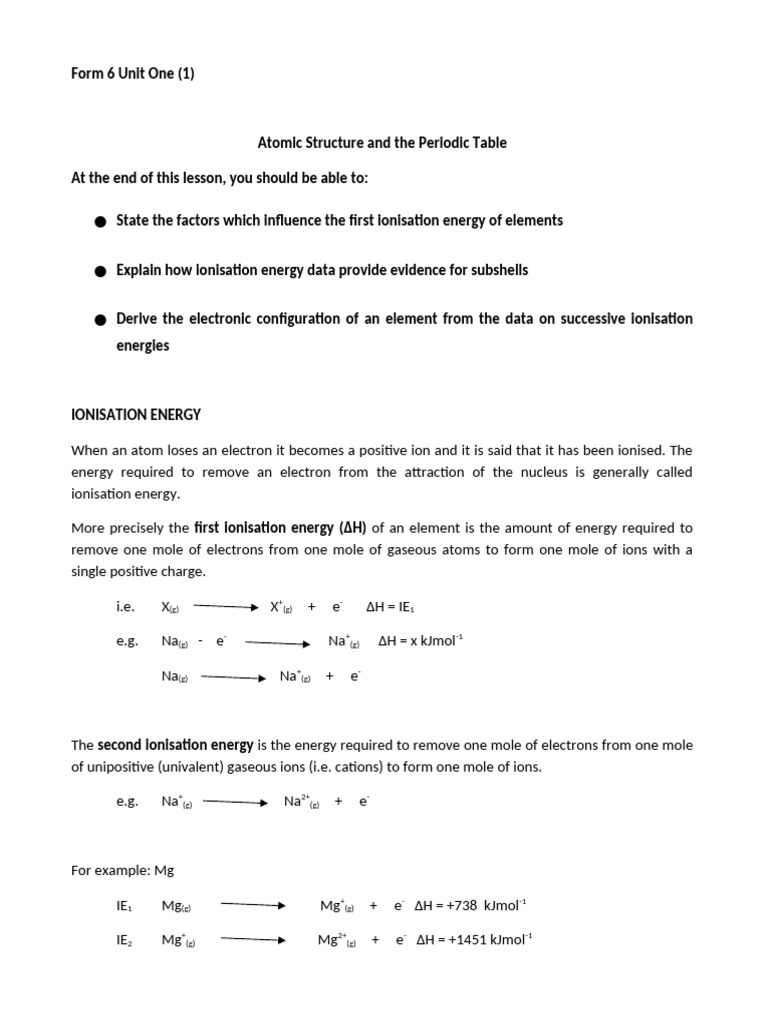 Atomic Structure and The Periodic Table (1.11 - 1.13) Ionisation Energy ...