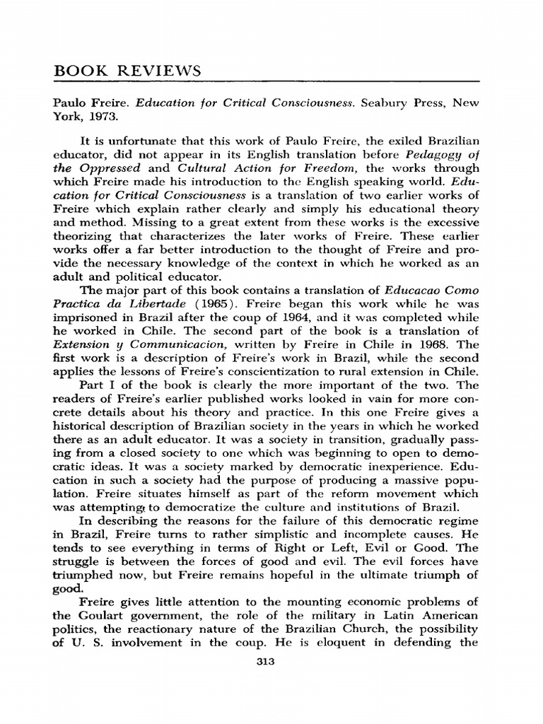 Elias 1974 Book Reviews Paulo Freire Education for Critical ...