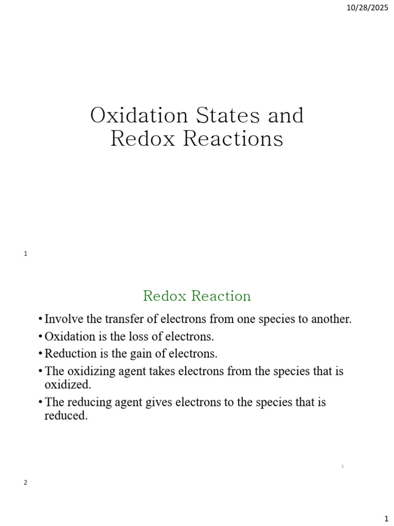 Redox Reactions and Oxidation States Guide | PDF | Redox | Chemical ...