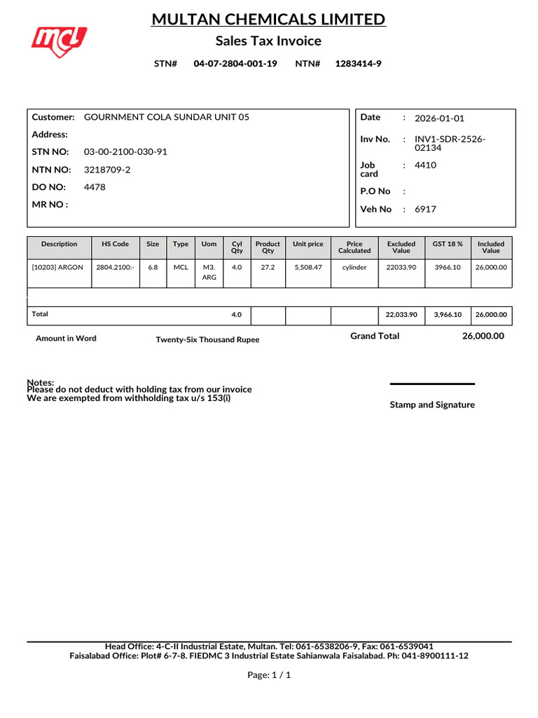 Sales Tax Invoice for Multan Chemicals | PDF