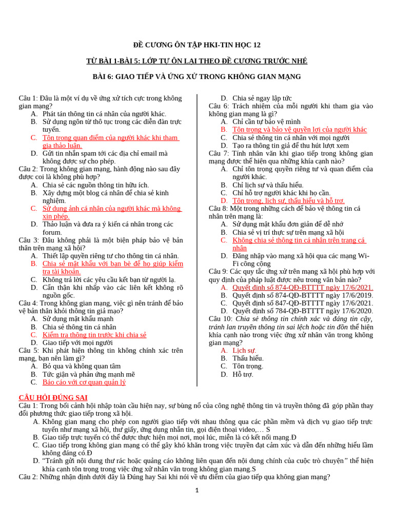 Hs-đề Cương Ôn Tập Tin Học -Hki-k12 | PDF