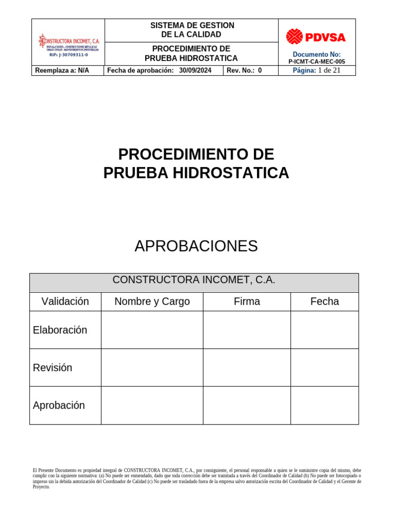 P-ICMT-SGC-MEC-005 Proc PRUEBA HIDROSTATICA.doc SEP30 | PDF | Presión ...