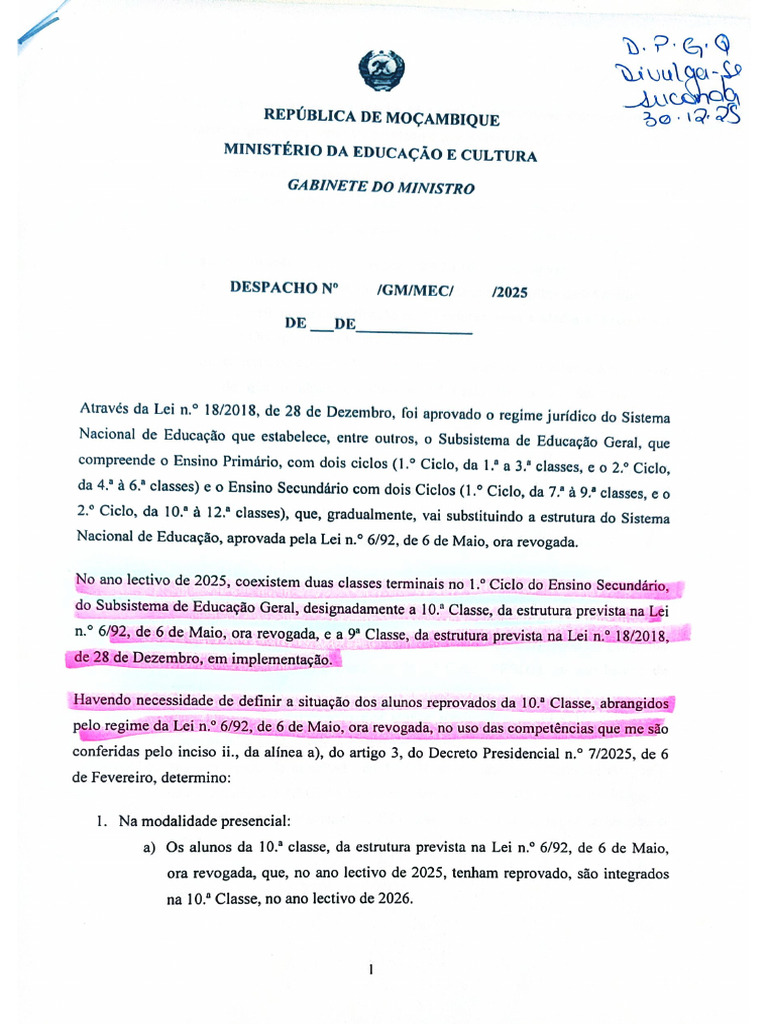 Despacho Reprovados Da 10ª Classe 2025 | PDF