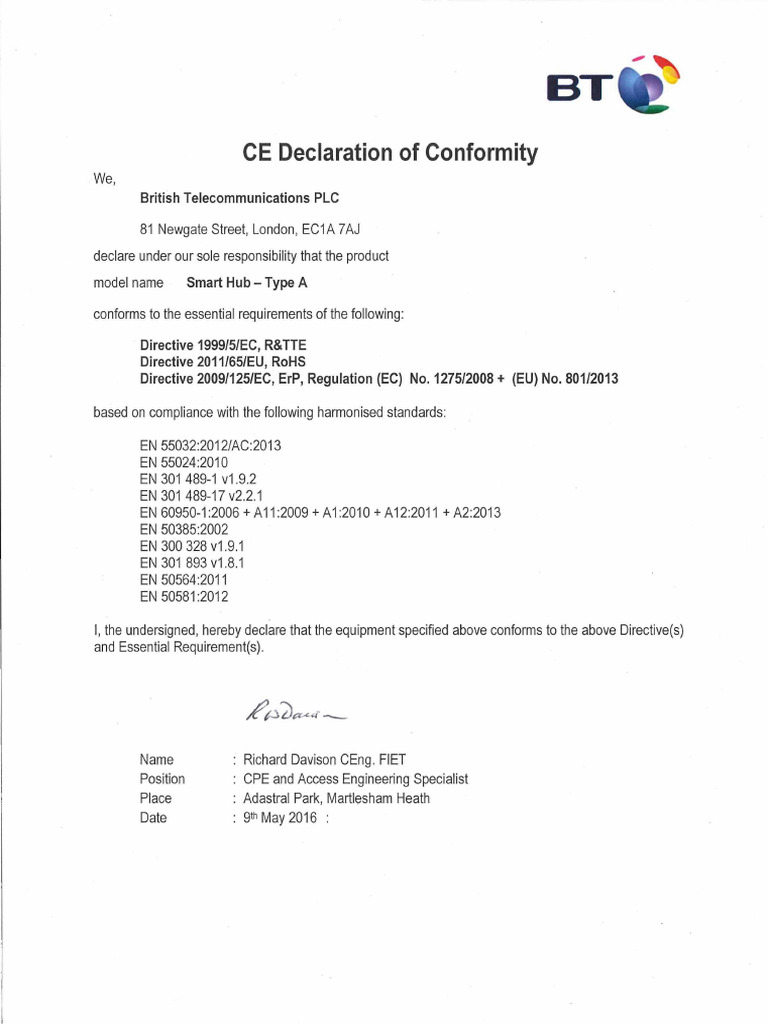 BT Smart Hub CE Declaration of Conformity | PDF